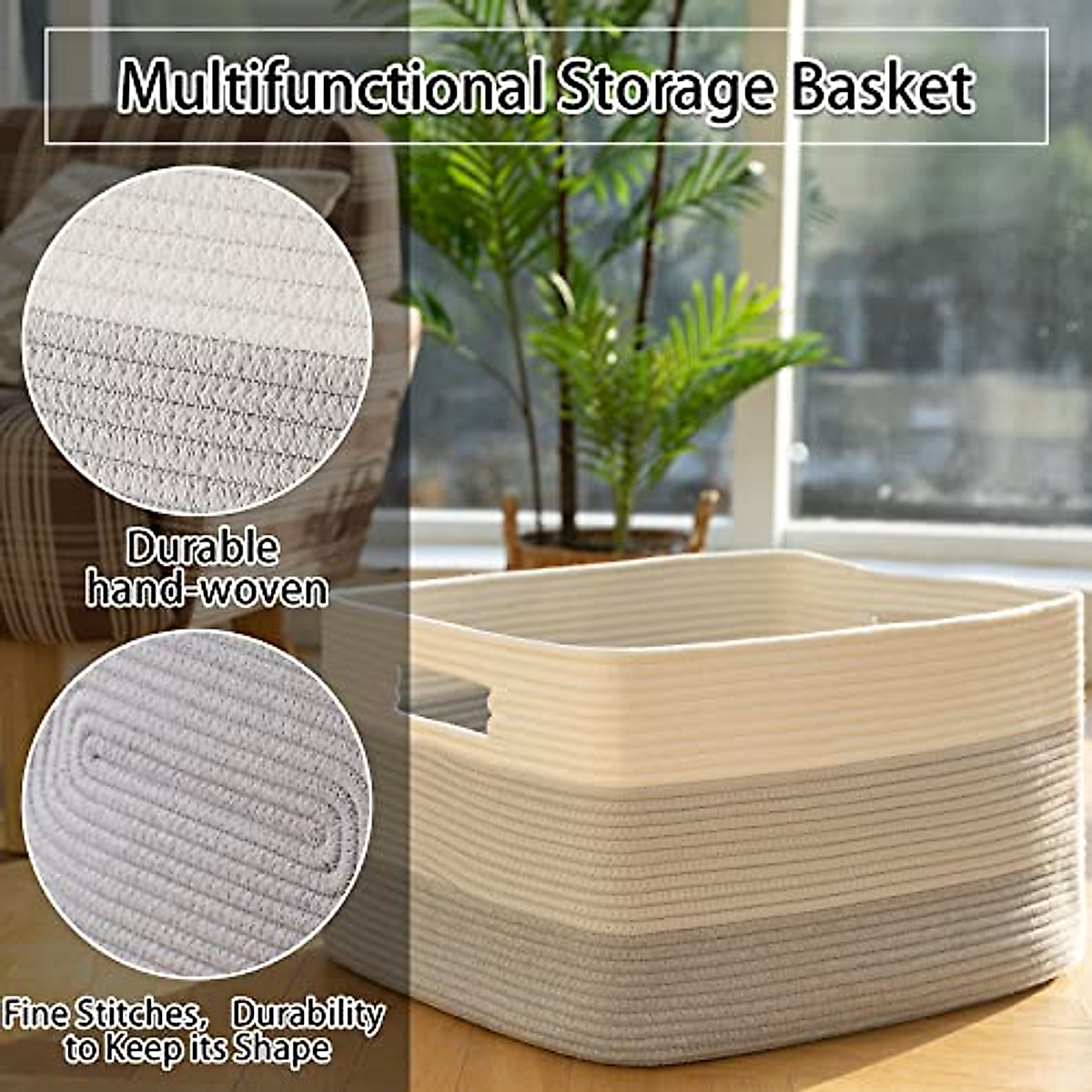 OIAHOMY Cotton Rope Basket 71L - Blanket Basket Living Room,Kids Woven Basket with Handle, Nursery Storage Basket,Baby and doy Toy Baskets Bin, Gradient Grey