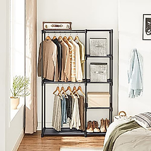 SONGMICS Freestanding Closet Organizer, 44-Inch Clothes Rack with 2 Hanging Rods, Portable Wardrobe Clothes Organizer with 4 Storage Shelves, Gray URYG024G02