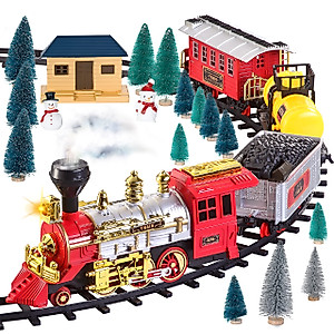 Christmas Train Sets Gift with Lights & Sounds Steam Locomotive Engine, Operated Electric Classical Train Toy with Real Smoke Cargo Cars & Tracks for Over 3 Years Old Boys Girls