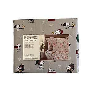 BLUE HERON WEST Peanuts Christmas Sheet Set - Wreaths and Lights - Gray Background (Twin)
