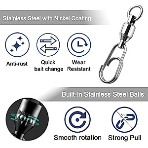 FishTrip 30Pcs Ball Bearing Fishing Swivels with Oval Split Ring, Stainless Steel Snap Swivel Saltwater,Heavy Duty Terminal Tackle Connector (4#)