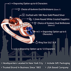 Gem Stone King 18K Rose Gold Plated Silver Personalized and Customized 2-Stone 6X4MM Oval Gemstone Birthstone and White Created Sapphire Anniversary Promise Ring For Women (Size 5)