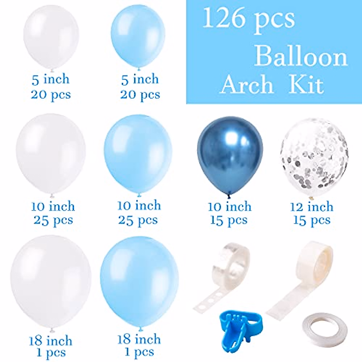 Blue Balloon Garland Arch Kit, Metallic Blue White and Silver Confetti Latex Balloons for Baby Shower Birthday Wedding Graduation Anniversary Frozen Winter Wonderland Party Background Decorations