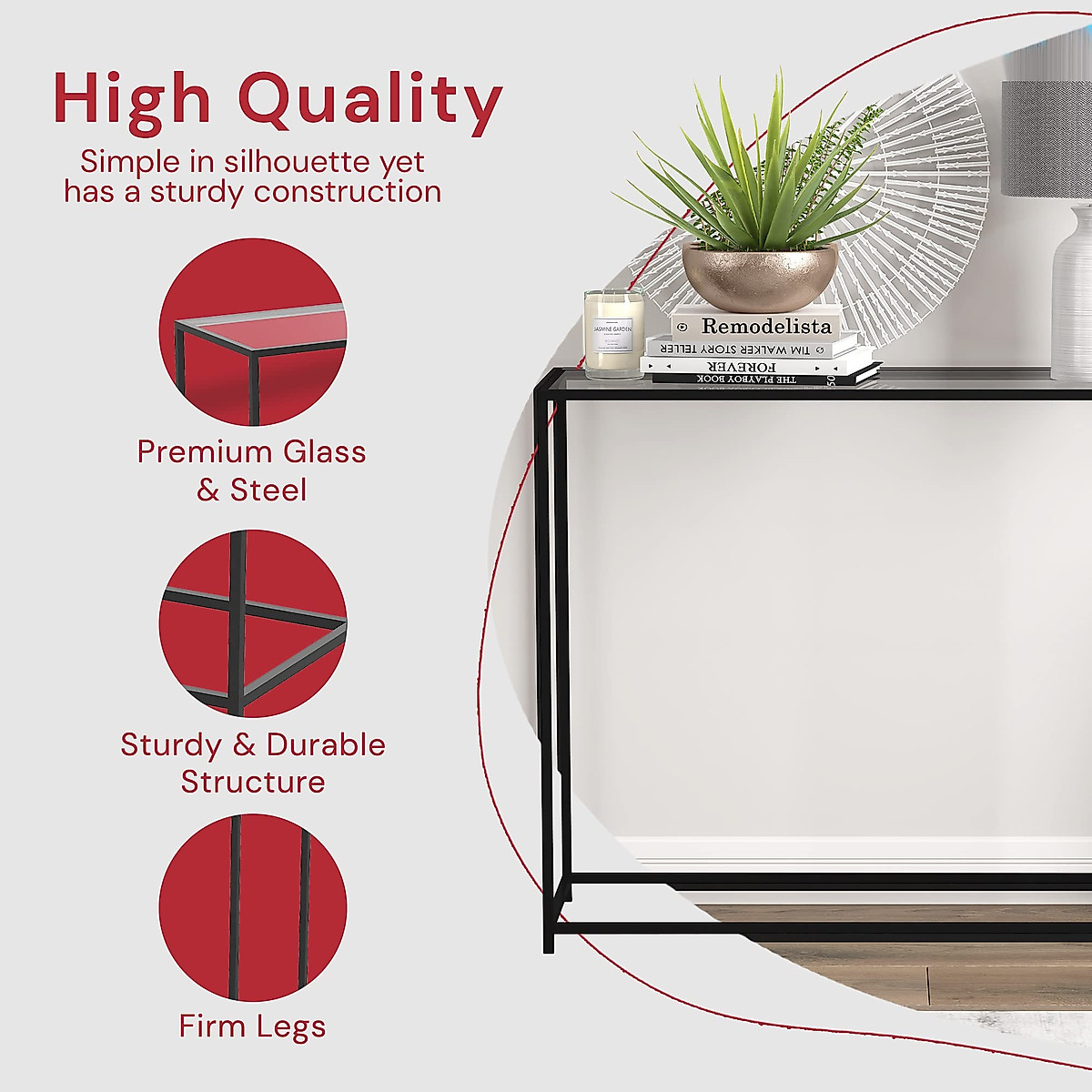 Safdie & Co. - Metal Console Table with Glass, Black Console Tables for Entryway, Use As Doorway Table, Narrow Bar Table, or Accent Furniture for Decorating Foyer, 12 x 28 x 31 Inches