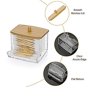 Hipiwe Acrylic Q-Tip Holder with Bamboo Lid - Clear Q-Tips Dispenser Bathroom Containers Canister Cotton Swab Holder Bathroom Countertop Storage Organizer for Q-tip Cotton Swab