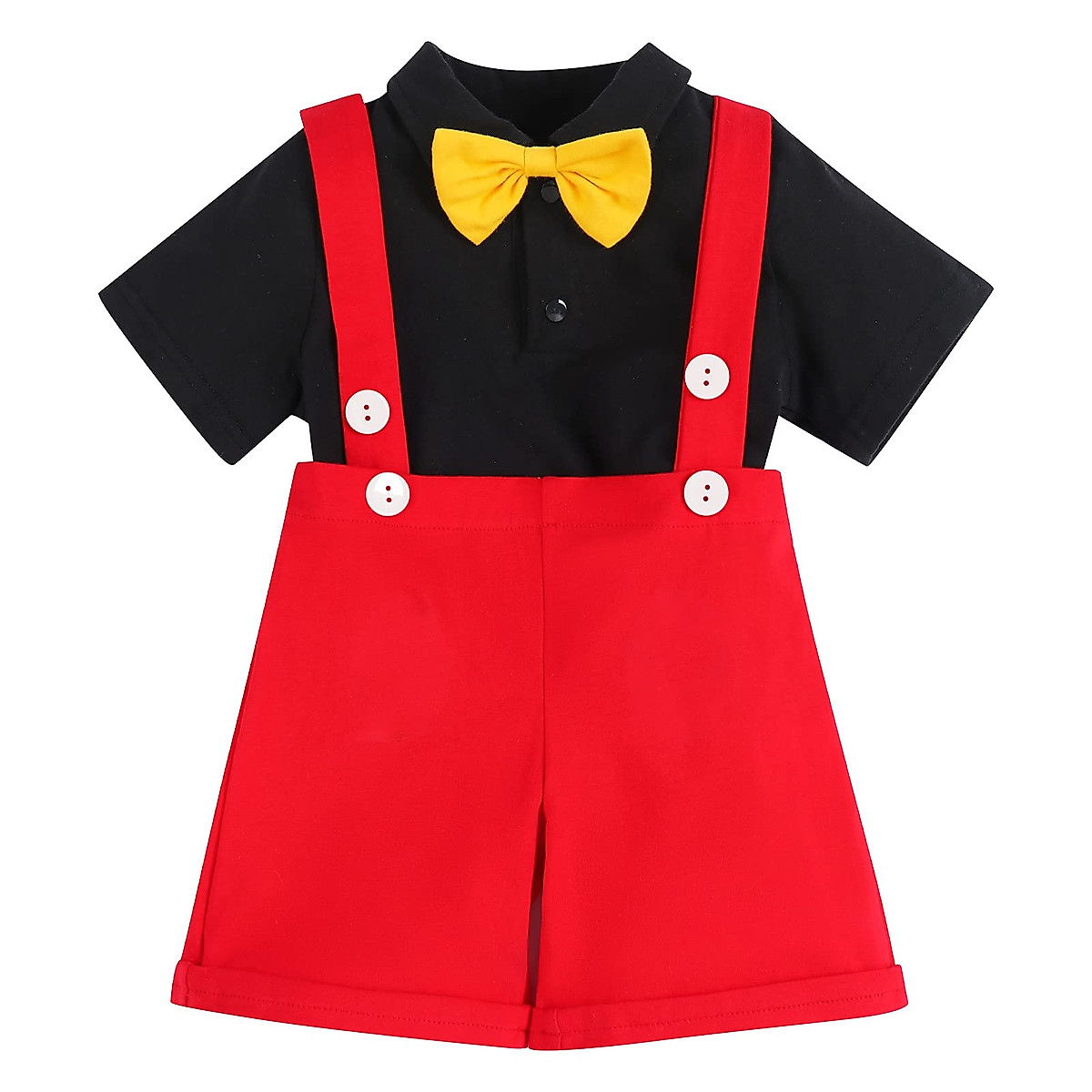 First Birthday Cake Smash Photo Prop Outfits for Baby Boys Romper+Bow Tie+Suspenders Overalls Bib Pants Shorts Ears Headband Halloween Baby Shower Clothing Set Red+Balck-Buttons 12-18 Months