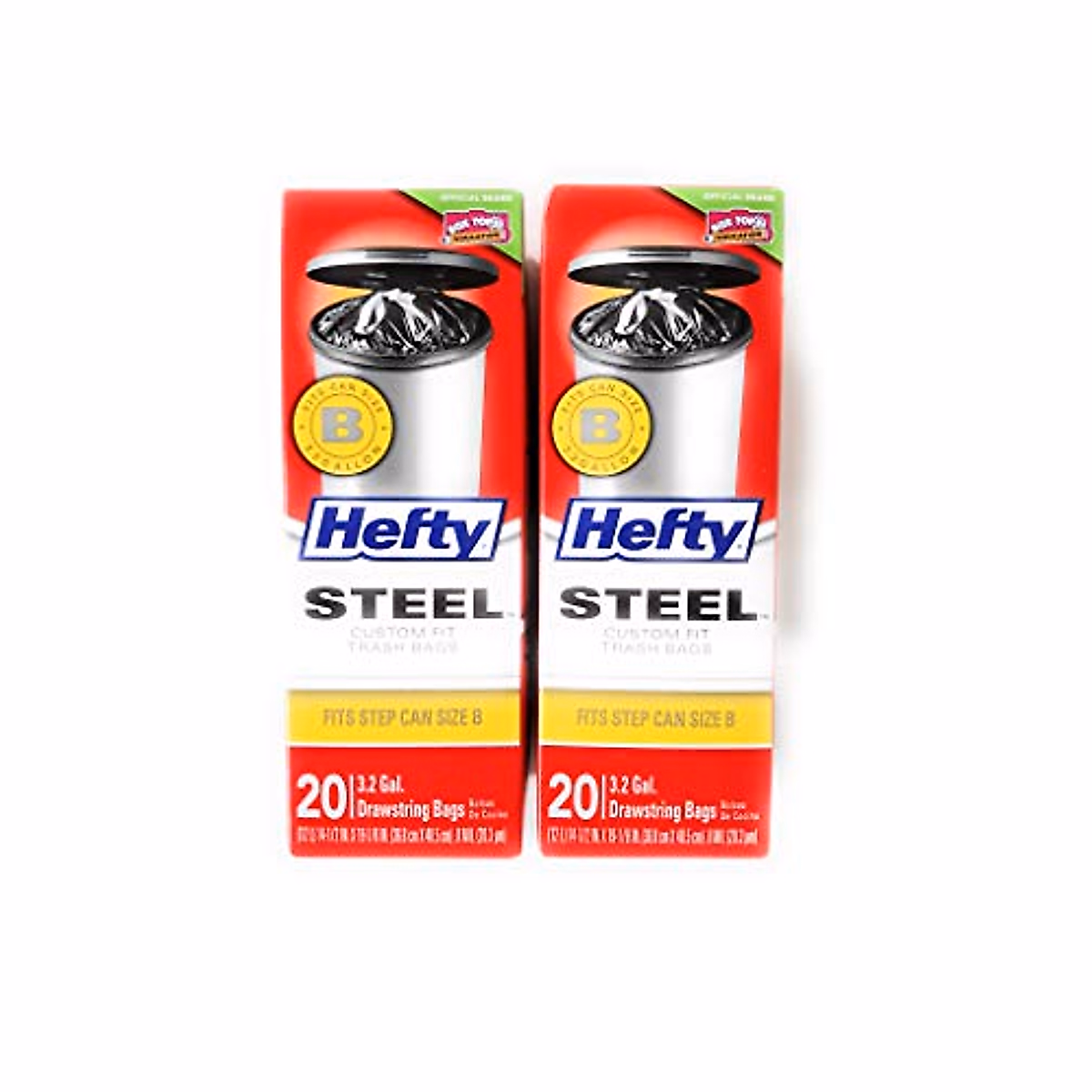 Hefty Steel Trash Bags 3.2 Gallon Drawstring Bags, Custom Fit for Steel Step Can Size B (1.32 Gallon/5 Liter Round & Oval and 3 Gallon/12 Liter Round & Oval), 2 Boxes of 20 Bags - 40 Bags Total