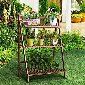 COSTWAY Bamboo Plant Stand, Foldable Multifunctional Flower Display Ladder Shelf, 3-Tier Storage Rack