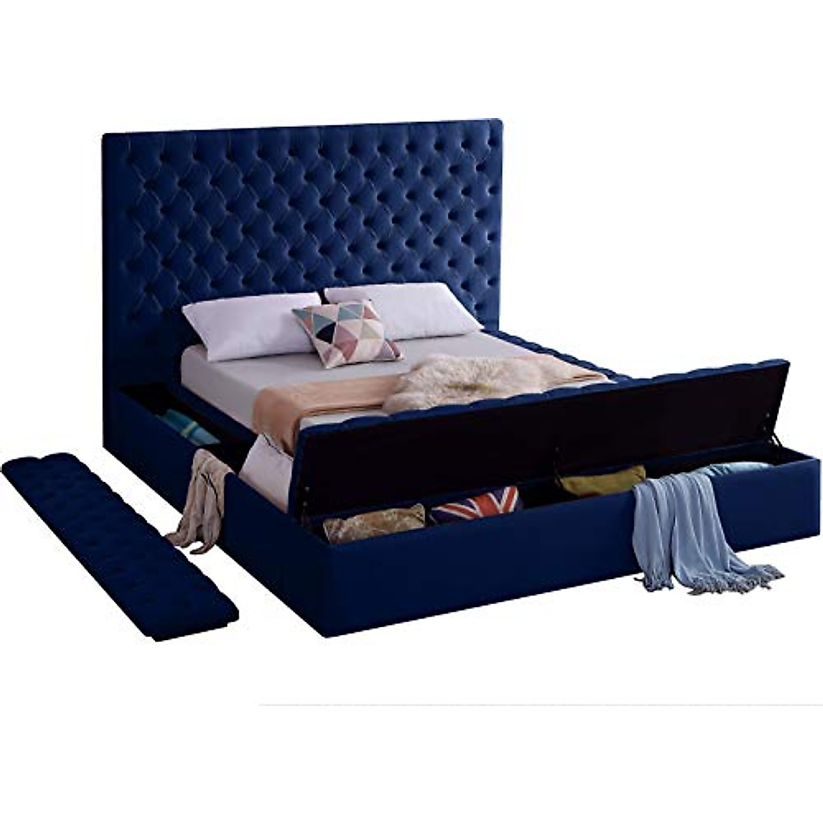 Meridian Furniture Bliss Collection Modern | Contemporary Velvet Upholstered Bed with Deep Button Tufting and Storage Compartments in Rails and Footboard, Queen, Navy