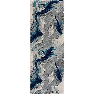 Hauteloom Istanbul Collection Modern Abstract Living Room Bedroom Area Rug - Marble Swirl Pattern - Contemporary Carpet - Grey, Blue, Beige, Navy Blue - 7'10" x 10'3"