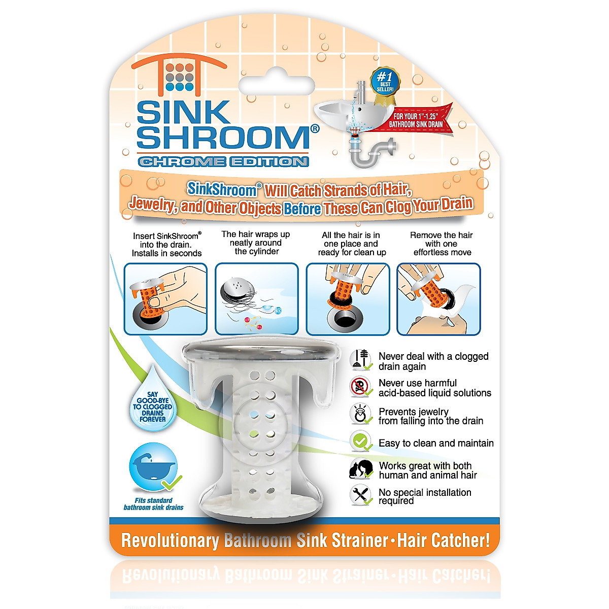 TubShroom Tub Drain Hair Catcher, Chrome & SinkShroom Revolutionary Bathroom Sink Drain Protector Hair Catcher, Strainer, Snare, Sinkshroom Chrome Edition, 1" -1.4"
