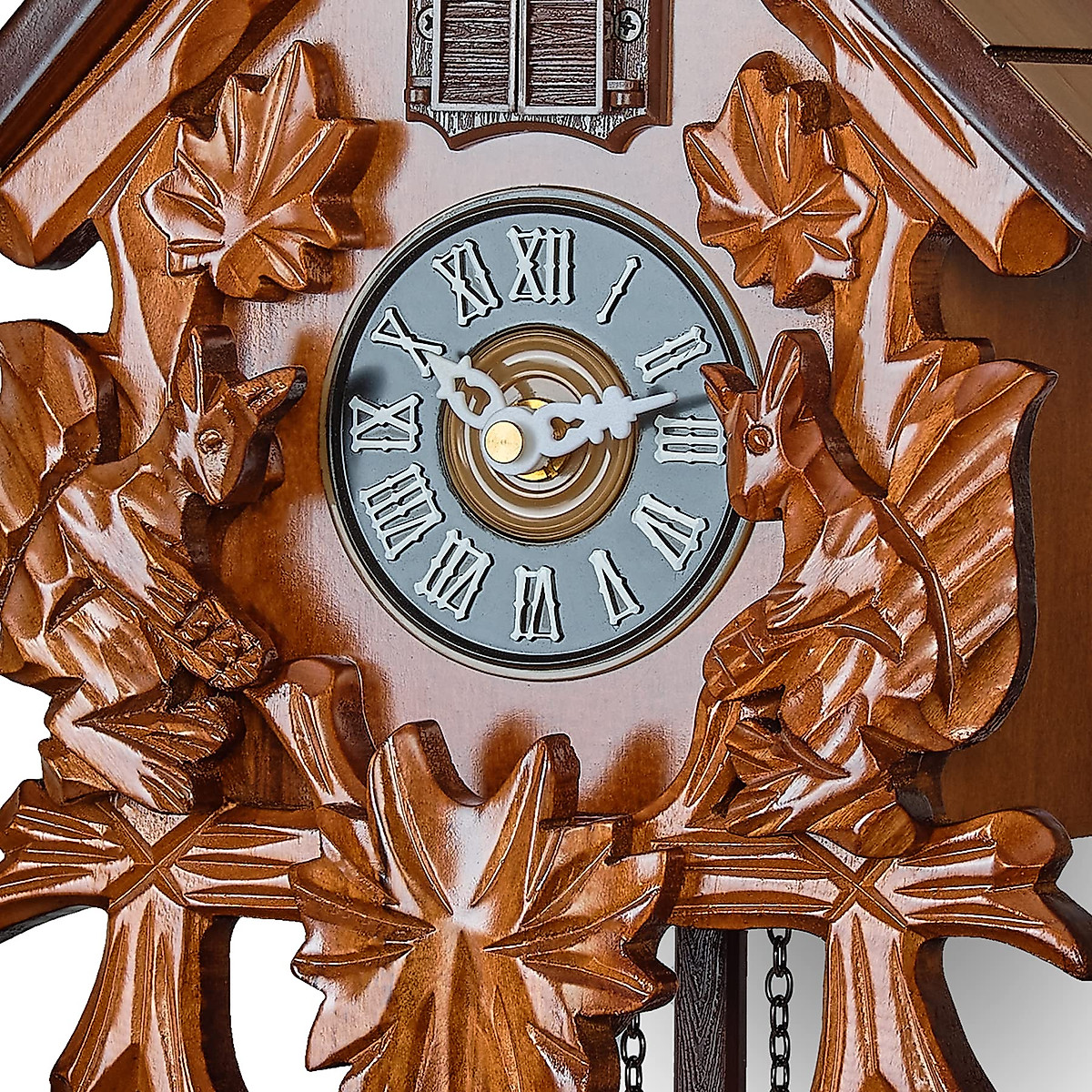 TIMEGEAR Cuckoo Wall Clock with Night Mode in Traditional German Style with Carved Squirrels (Cherry)