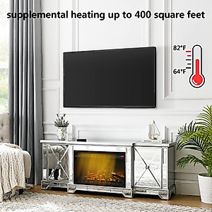 Alohappy Electric Fireplace TV Stand for TVs up to 65”, Mirrored TV Stand with 18” LED Fireplace and Remote, Home Media Entertainment Center Silver TV Console Table Furniture for Living Room