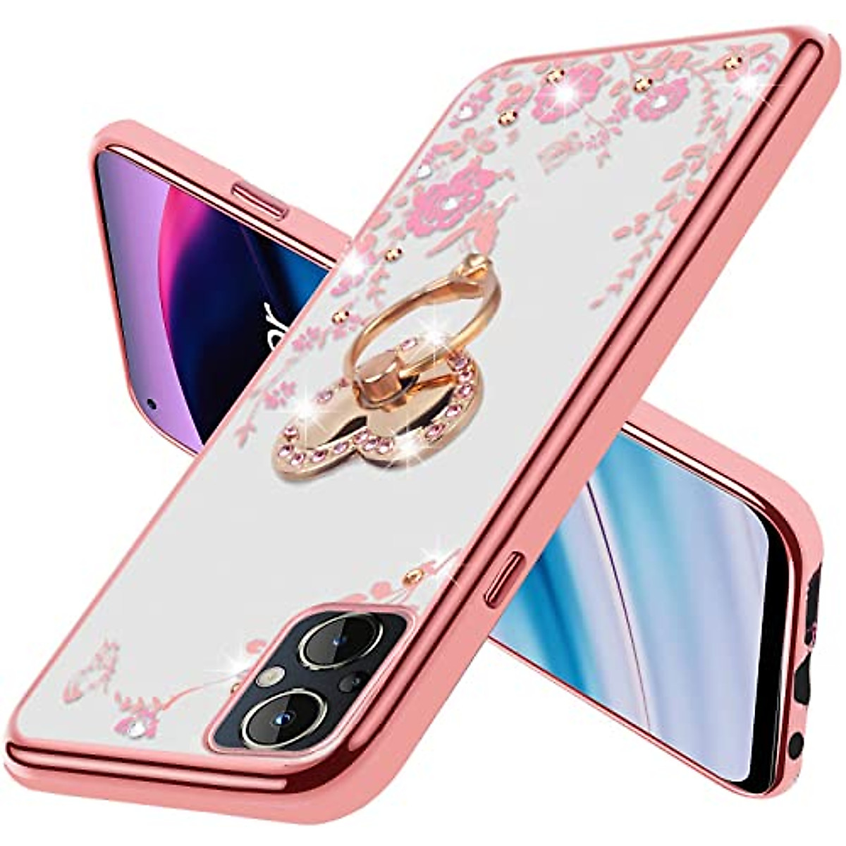 B-wishy OnePlus Nord N20 5G Glitter Case - Slim TPU Luxury Butterfly Floral Design, Kickstand, Strap (Rose Gold)