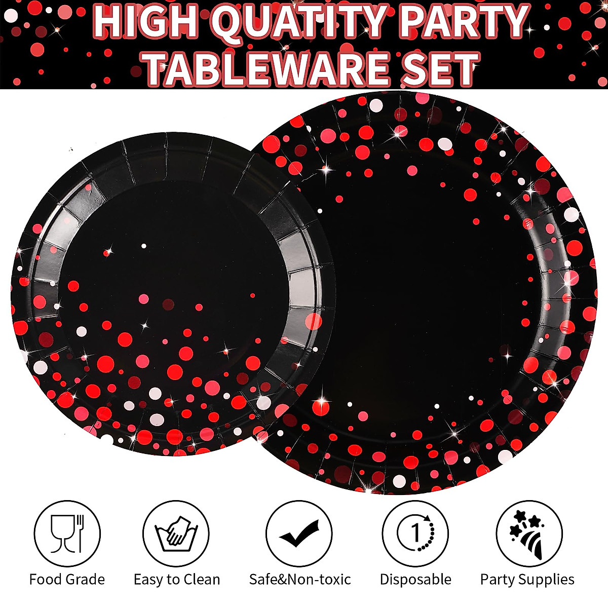 96Pcs Black and Red Party Supplies Red Dot on Black Party Plates and Napkins Disposable 350GSM Black and Red Birthday Tableware Set for Birthday Baby Shower Wedding Decorations, Serves 24