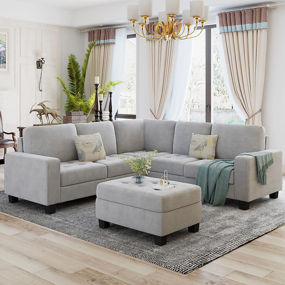 85''*85'' Sectional Corner Sofa L-Shape Couch Space Saving with Storage Ottoman & Cup Holders Design for Large Space Dorm Apartment,Light Grey