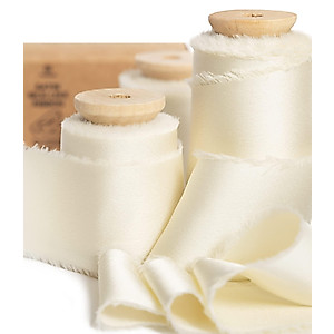 Vitalizart White Silk Satin Ribbon 1-1/2 inch x 15 Ivory Handmade Frayed Ribbons for Gift Wrapping Baby Shower Wedding Bridal Bouquets Holiday Decor Cream