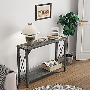 IRCPEN 42.5" Entryway Table with Charging Station, 2-Tier Skinny Sofa Table with Outlet, Industrial Console Table for Entryway, Living Room, Hallway, Foyer (Grey, 42.9" D x 11.8" W x 29.9" H)