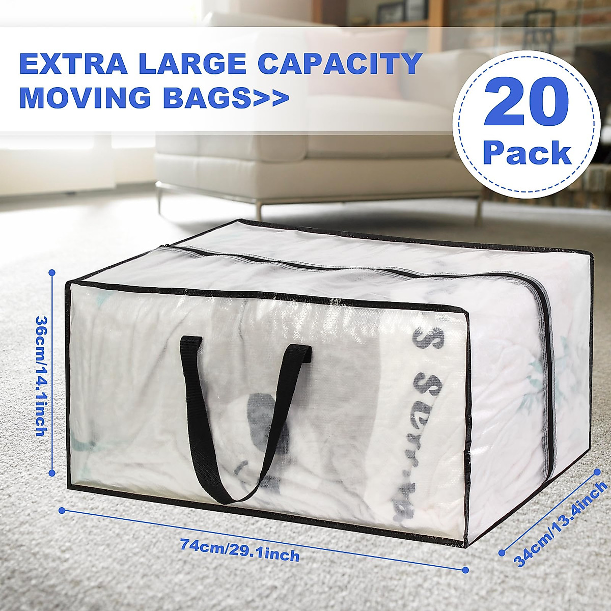 Clear Moving Bags - 20 Pack Extra Large Heavy Duty Storage Bags With Zipper & Reinforce Handles | 29x14x13 Inch Moving Tote Bags Bulk For Clothing, Shoes, Travel