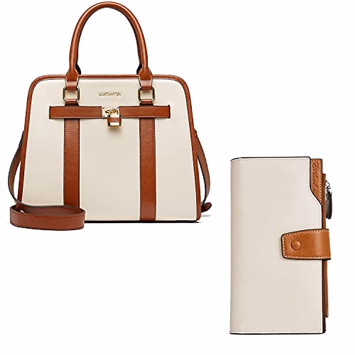 BOSTANTEN Women Leather Handbags Designer Purses Two Tone Satchel Top Handle Bags Bundle with Womens Wallet Leather Wallets Large Capacity Cash Cluth Zipper Purses