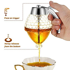 Acrylic Honey Dispenser with Stand Honey Comb Shaped Honey Pot, Syrup and Sugar Jar Pot, No Drip Honey Dispenser with High Capacity Honey Pourer Dispenser