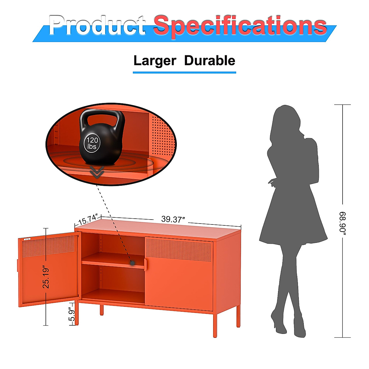 Washsemba 2 Door Metal Accent Cabinet,Orange Metal Storage Cabinet with Adjustable Shelf,2-Tier Office Cabinet,Multipurpose Metal Locker Storage Cabinet for Office Home,Music Studio (Orange)