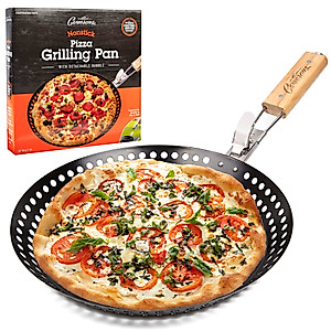 Pizza Grilling Pan (12") - Non-Stick Pan w Removable Handle to Easily Close Grill & Transport Hot Dish - High Walls for Deep Dish Pizza - Use in to BBQ Indoor & Outdoor - Holiday Christmas Gift Idea