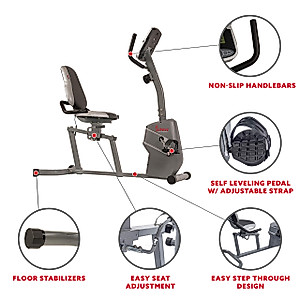 Sunny Health & Fitness Magnetic Recumbent Exercise Bike with Easy Adjustable Seat, Device Holder, RPM and Pulse Rate Monitoring | SF-RB4806, Grey