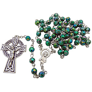 Green Irish Rosary with Celtic Cross. Material: Acrylic 6 Mm Bead Size: 19" L, 1 3/4" Crucifix