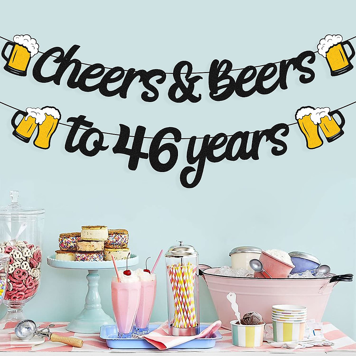 46th Birthday Decorations Cheers & Beers to 46 Years Banner for Men Women 46s Birthday Backdrop Wedding Anniversary Party Supplies Black Glitter Decorations Pre Strung