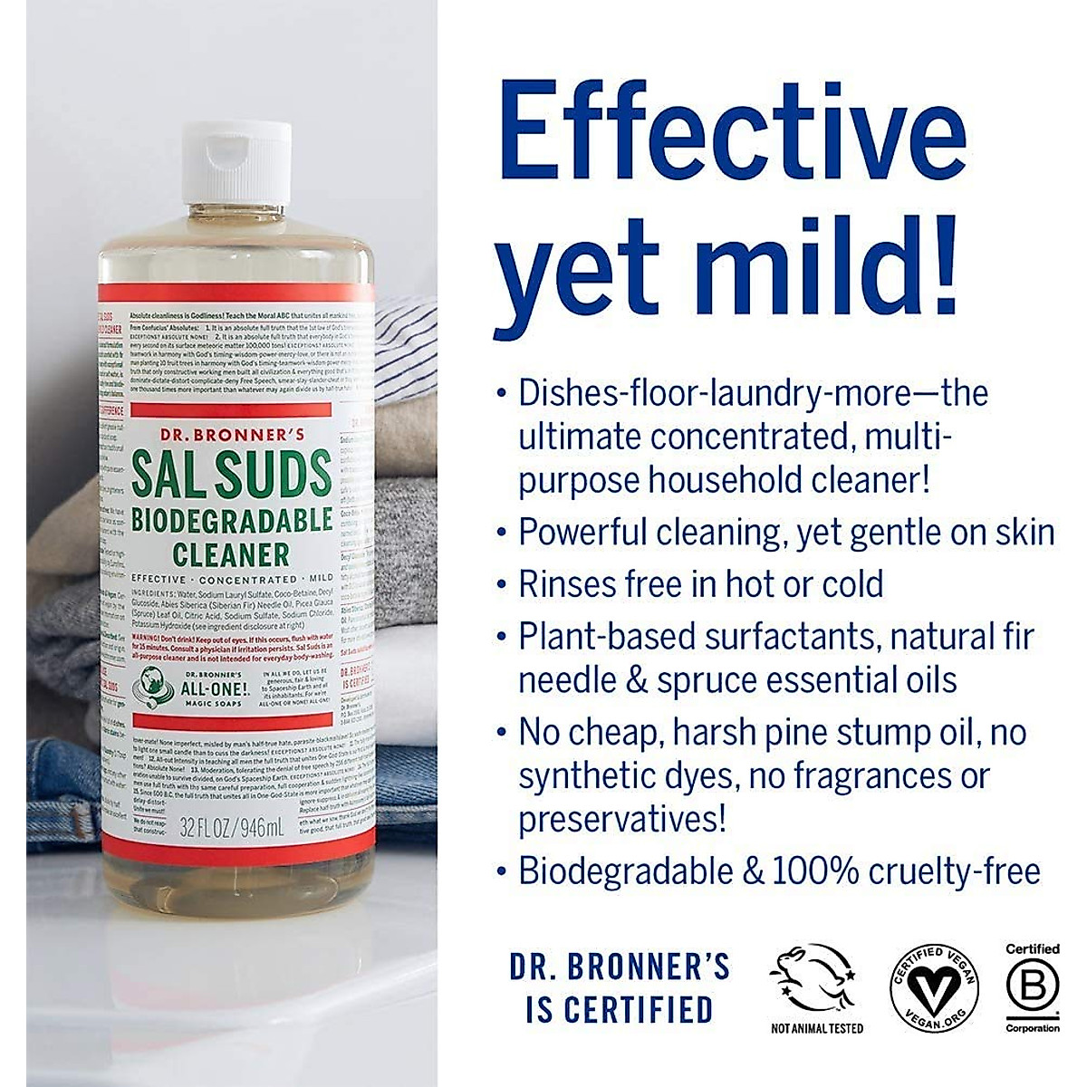 Dr. Bronner's - Sal Suds Biodegradable Cleaner (16 oz, 2-pack) - All-Purpose Cleaner, Pine Cleaner for Floors, Laundry and Dishes, Concentrated, Cuts Grease and Dirt, Powerful Cleaner