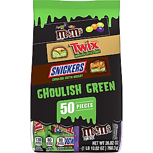 M&M'S Milk Chocolate Ghoul's Mix, SNICKERS & TWIX Ghoulish Green Fun Size Bulk Halloween Chocolate Candy Assortment, 26.82 oz, 50 Piece Bag