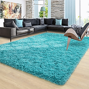 Ompaa Teal Blue 8x10 Feet Large Area Rugs Fluffy Living Room Carpet, Wall to Wall Big Shag Turquoise Rug for Bedroom Kids Playroom Classroom Nursery Home Office Decor