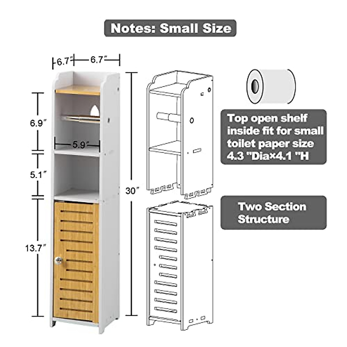 AOJEZOR Bathroom Storage Cabinet,with Toilet Paper Holder Storage Stand,Set of 2-White & Bamboo Small Bathroom Cabinet Fit for Toilet Paper Storage,Waterproof Toilet Cabinet Perfect for Small Space