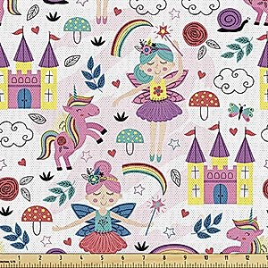 Ambesonne Cartoon Fabric by The Yard, Colorful Illustration with Characters Unicorn Chateau on Plain Background, Decorative Fabric for Upholstery and Home Accents, 1 Yard, Purple Lilac