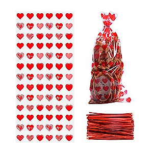 100 Pcs Valentine Cellophane Cookie Bags Goodie Candy Treat Bag with Twist Ties for Valentine's Day Party Supplies (Style B)