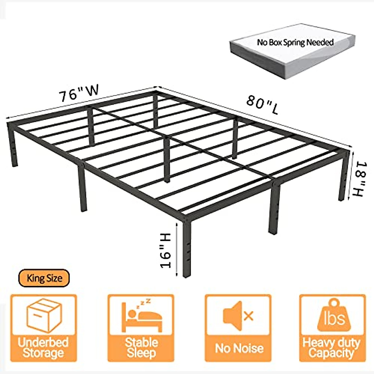 DURISO King Size Bed Frame 18 Inch High King Bed Frame Platform Heavy Duty Sturdy Metal Steel Max 3500lbs Easy to Assemble No Box Spring Needed Black