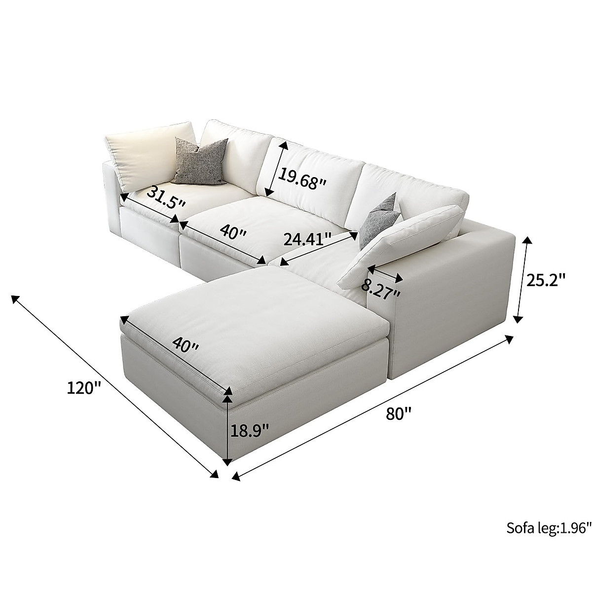 Cloud Modular Sectional Sofa with Storage Ottoman,120" L Shaped Sectional Couches for Living Room,Down Filled Comfort Minimalist Deep Sofa Couches for Office Apartment (White, 3 Seater+1 Ottoman)