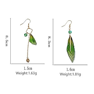 Unique Asymmetry Big Monarch Colorful Butterfly Wing Drop Dangle Earrings Crystal Dragonfly Wing Earrings Fashion Insect Jewelry For Women Gifts (Green)