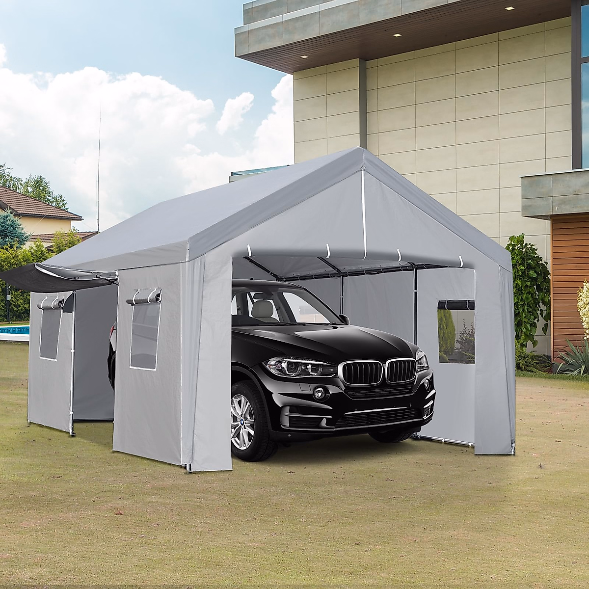 SXYCMY Carport 13×20 FT Heavy Duty Car Canopy with Ventilated Windows, Removable Sidewalls & Roll-up Doors, Portable Garage Boat Party Tent, Reinforced Triangular Beam, All-Season Tarp for SUV, Truck