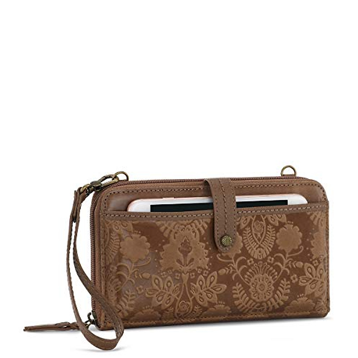 The Sak Iris Large Smartphone Crossbody Bag in Leather, Convertible Wristlet Purse Design, Tobacco Floral Embossed