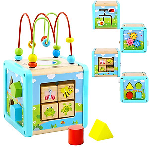 TOOKYLAND Activity Cube Wooden Toys Bead Maze Shape Sorter Learning Developmental Montessori Toys Small Size Gifts for Toddler Kids