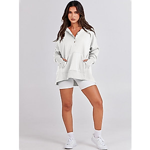 ANRABESS Women Casual Oversized Hoodies Sweatshirts Henley V Neck Hooded Pullover Sweater Tops 2024 Fall Outfits Clothes 1059benbai-M White