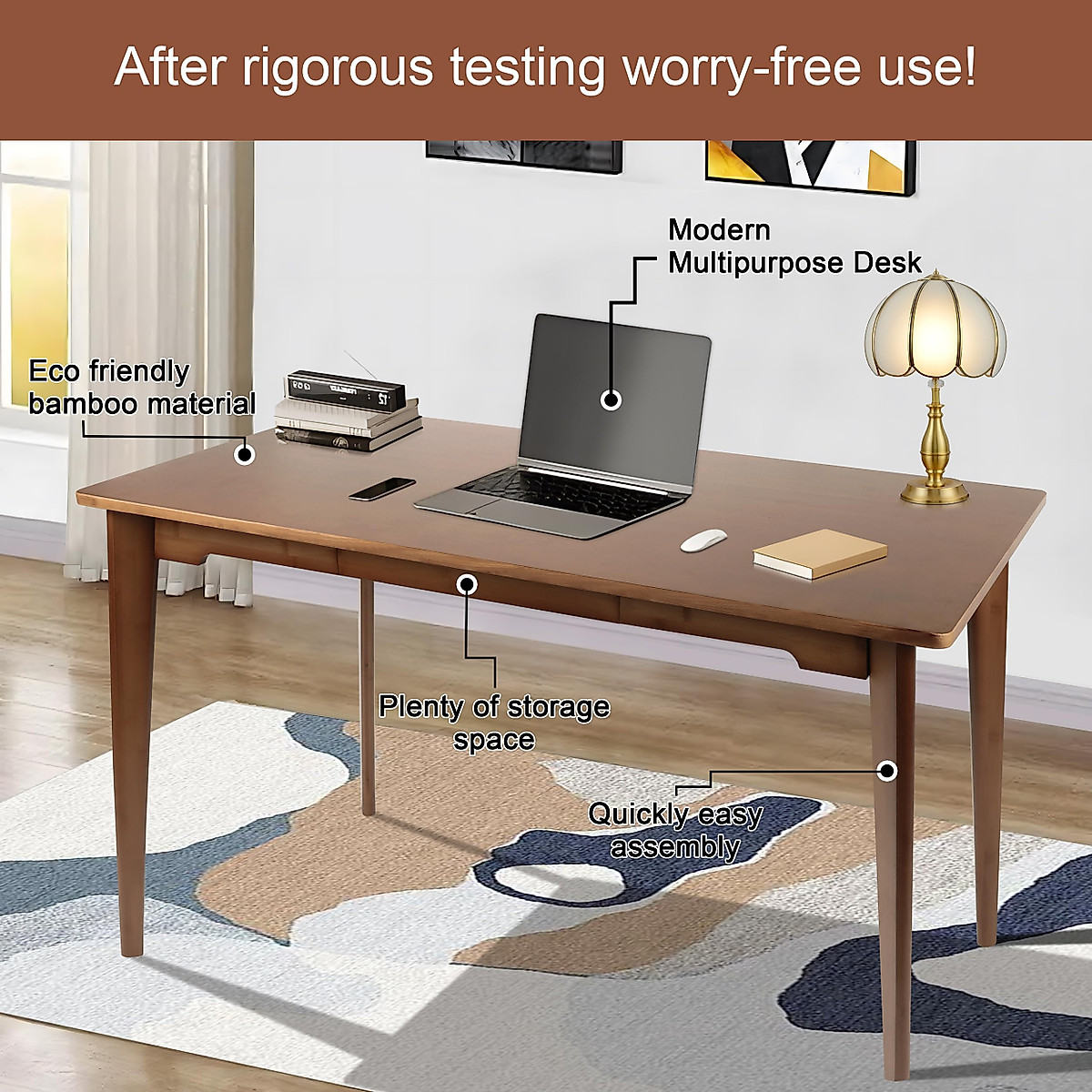 Maydear 47" Bamboo Multipurpose Study Writing Desk with Drawer, Modern Simple Computer & Laptop Table Dining Table for Bedroom, Living Room, Home and Office, Kitchen，Walnut