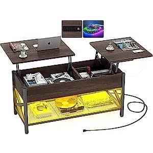Aheaplus Coffee Table, Lift Top Coffee Table with LED light and Power Outlet, Modern Lift-Top Table with Storage Shelf, Center Table for Living Room with Lift Tabletop, X Support Metal Frame, Espresso