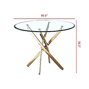 36" Round Dining Table for 4, Glass Kitchen & Dining Room Tables, Modern Circle Dining Room Table with 0.39" Tempered Glass Tabletop and Gold Finish Stainless Steel Legs for Dinner Small Spaces