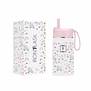 IRON °FLASK Kids Water Bottle - 14 Oz, Straw Lid, 20 Name Stickers, Vacuum Insulated Stainless Steel, Double Walled Tumbler Travel Cup, Thermo Mug, Metal Canteen Llama Rainbows