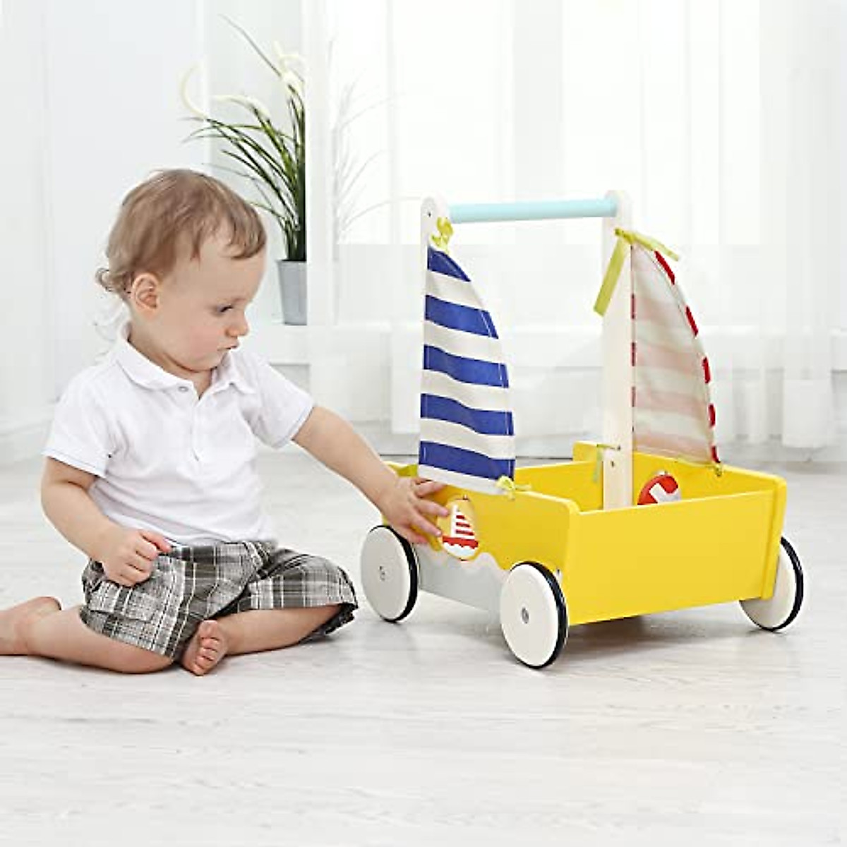 Yellow Blue Aircraft Wooden Baby Push Walker - 2-in-1 Toddler Push & Pull Toys Learning Walker Stroller Walker with Wheels for Baby Girls Boys 1-3 Years Old