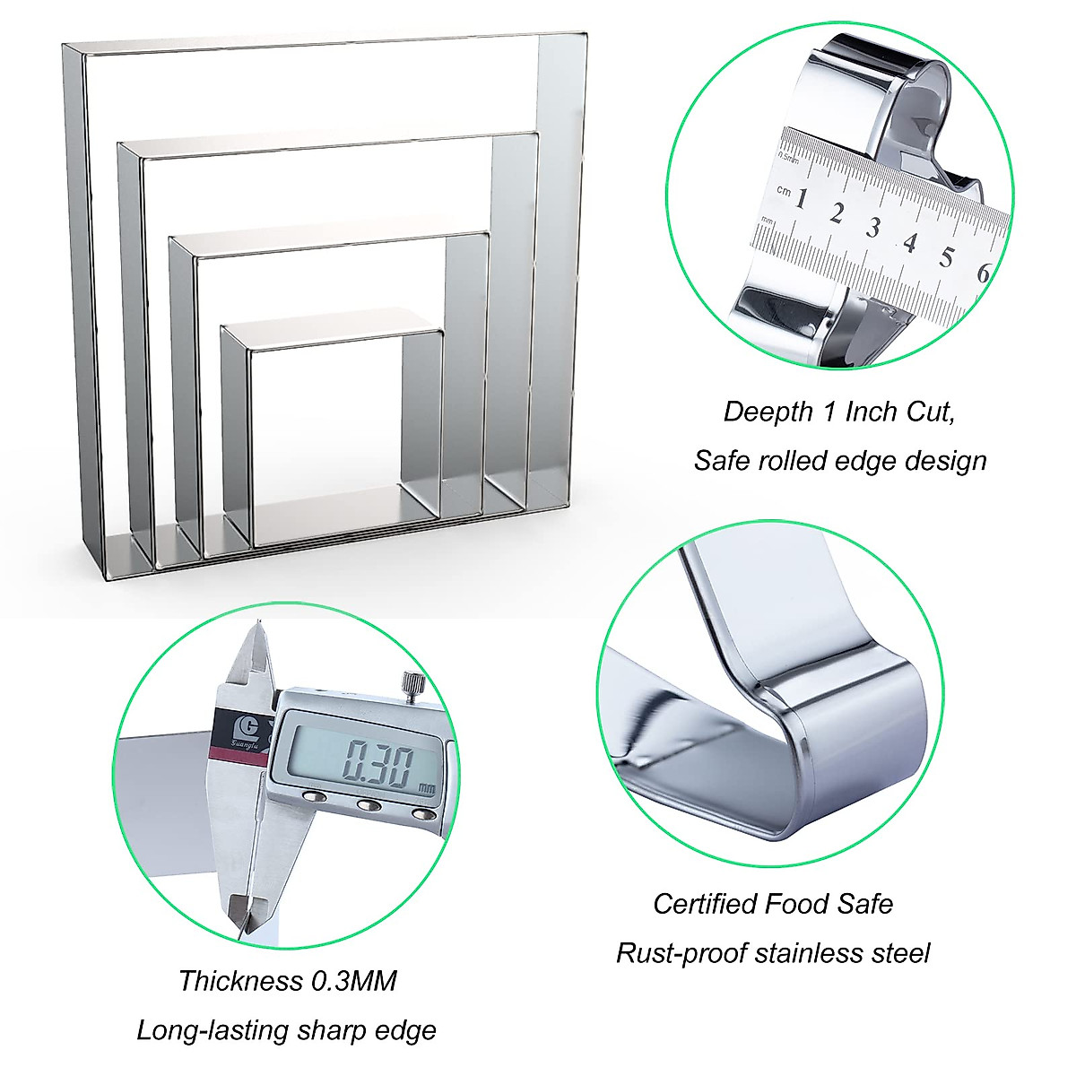 Square Cookie Cutter Set Large - 5 Inch, 4 Inch, 3 Inch, 2 Inch - Geometric Cookie Cutters Shapes Biscuit Molds - Stainless Steel