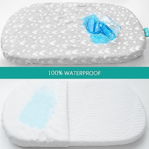 Waterproof Bassinet Sheets Fit for Halo, Dream on Me, Ingenuity, Fisher Price, Delta, Graco and Other Oval Bassinet Mattress, 2 Pack, 100% Cotton, Ultra Soft, White Grey Star Print for Baby